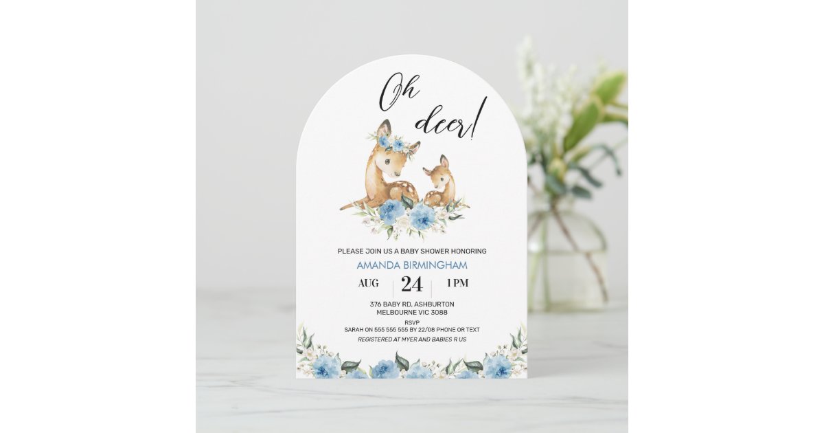 Arched Boys Blue Floral Oh Deer Baby Shower Invitation | Zazzle
