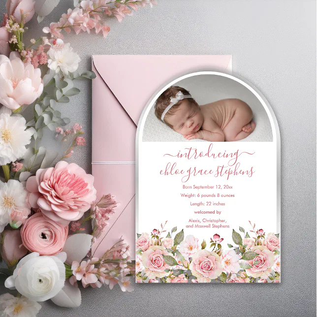 Arched Photo Pink Floral Girl Birth Announcement | Zazzle