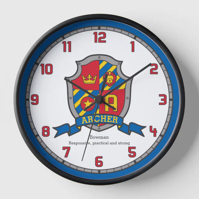 Archer name meaning heraldry shield letter A lion Clock | Zazzle