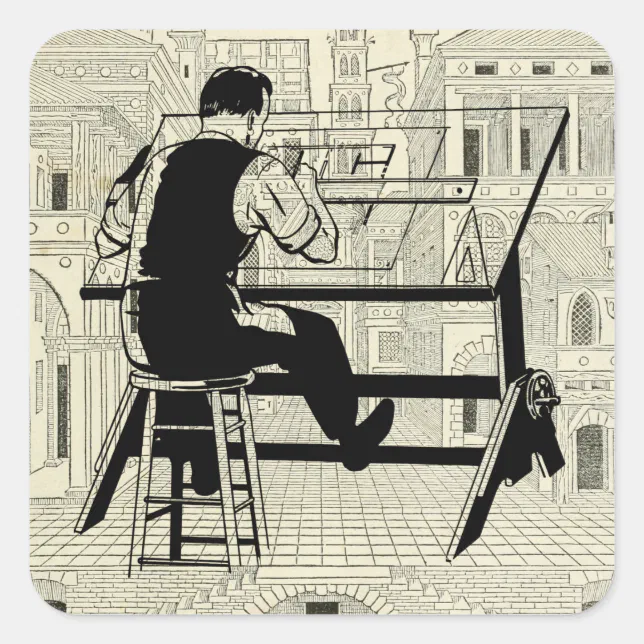 Architect engineer drafting table art illustration square sticker | Zazzle