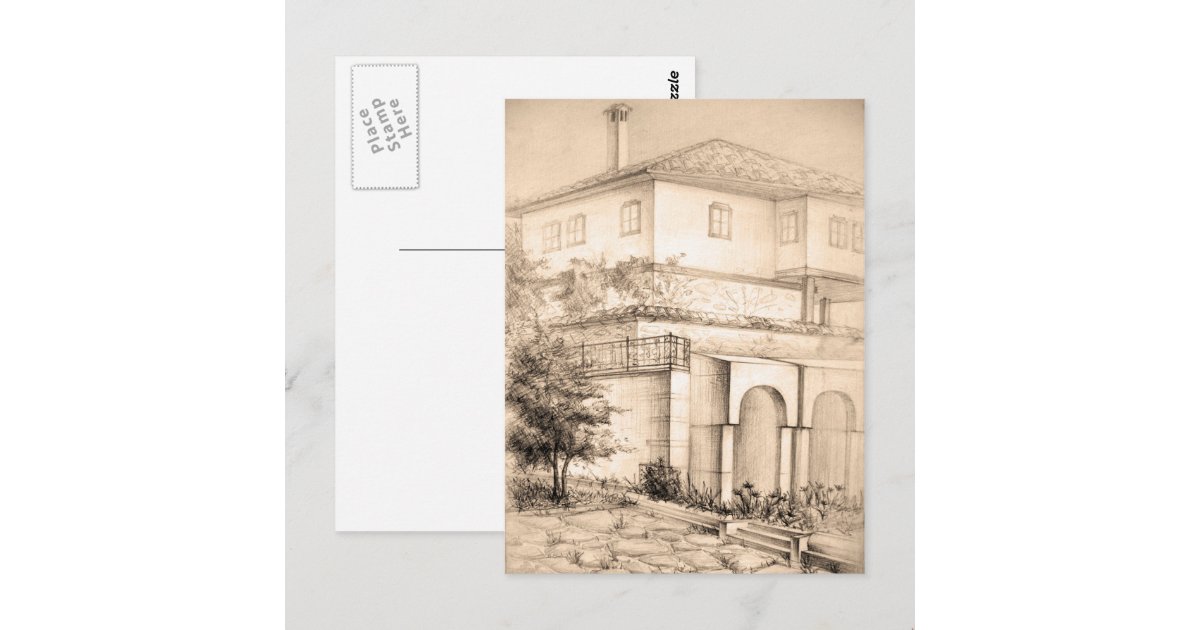 Architecture Traditional house Drawing sketch art Postcard | Zazzle