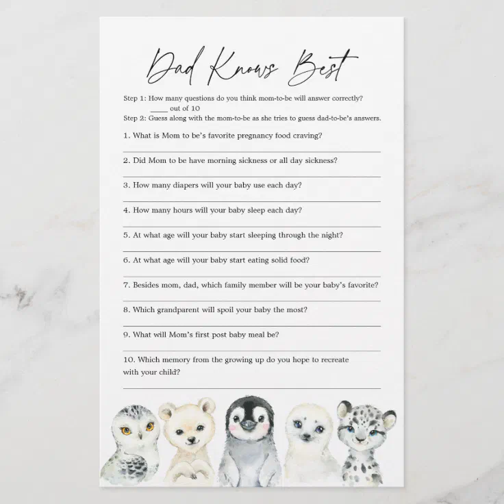 Arctic Animals Baby Shower Dad Knows Best Game | Zazzle Arctic Animals Baby Shower Dad Knows Best Game | Zazzle