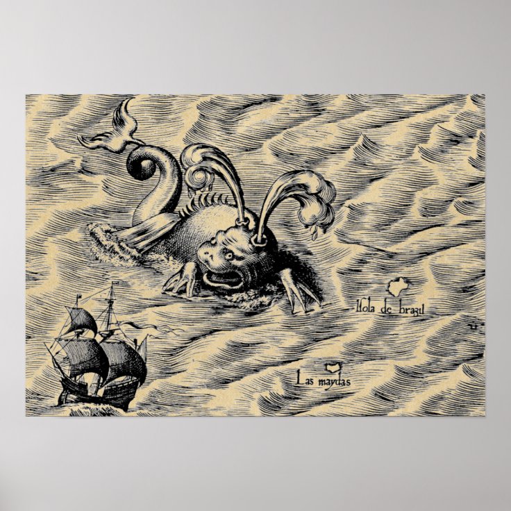Arctic Sea Monster & Sailing Ship Sepia World Map Poster | Zazzle