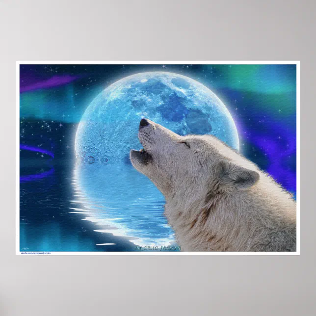 Arctic Wolf Howling at Aurora & Moon Wildlife Art Poster | Zazzle