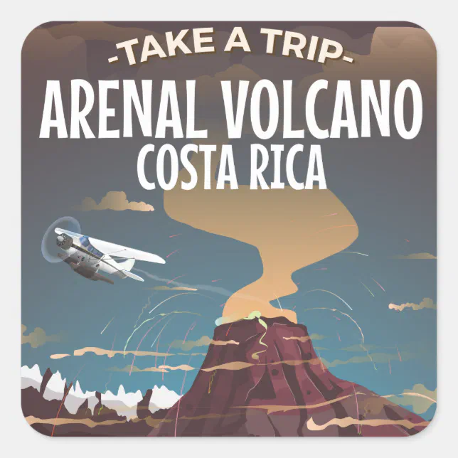 Arenal Volcano Costa Rica vintage cartoon poster Square Sticker | Zazzle