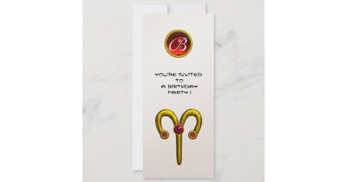 ARIES GOLD ZODIAC BIRTHDAY RED RUBY MONOGRAM White Invitation | Zazzle