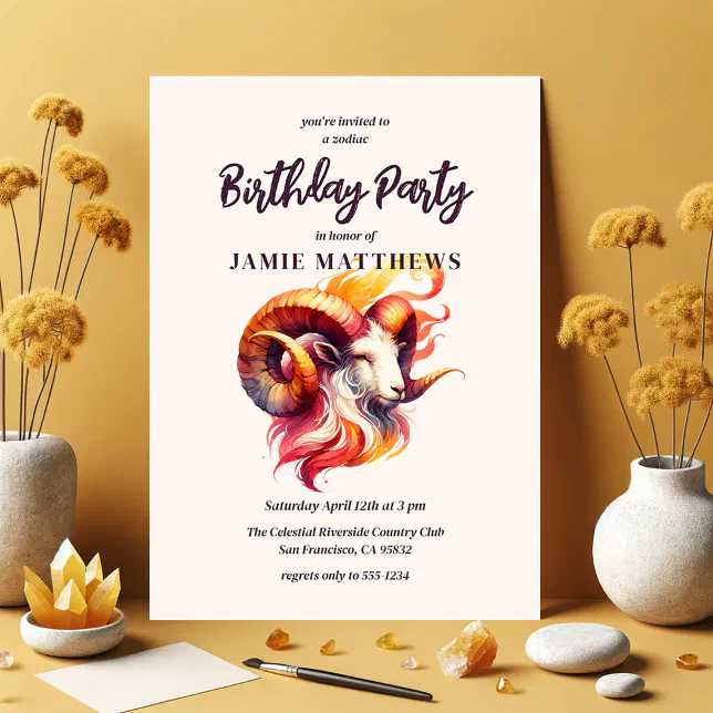 Aries Watercolor Ram Zodiac Themed Birthday Party Invitation | Zazzle