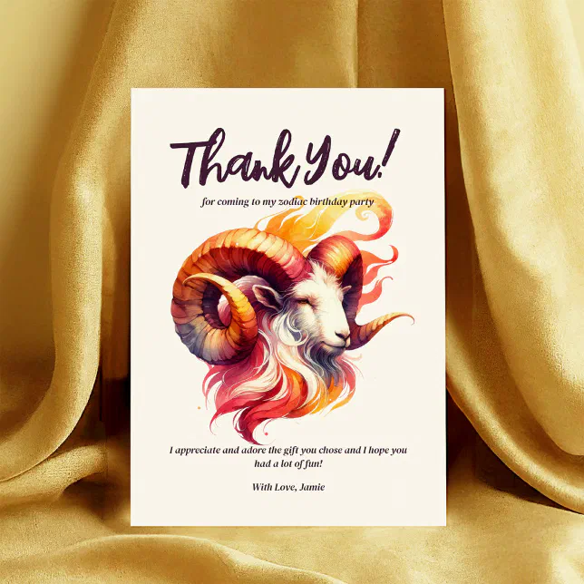 Aries Watercolor Ram Zodiac Themed Birthday Party Thank You Card | Zazzle