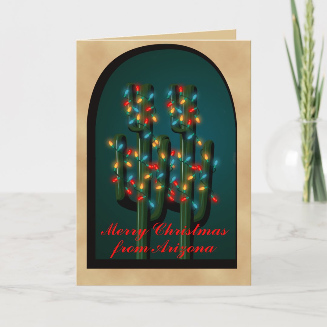 Arizona Adobe Christmas Cactus Tree Lights Card | Zazzle