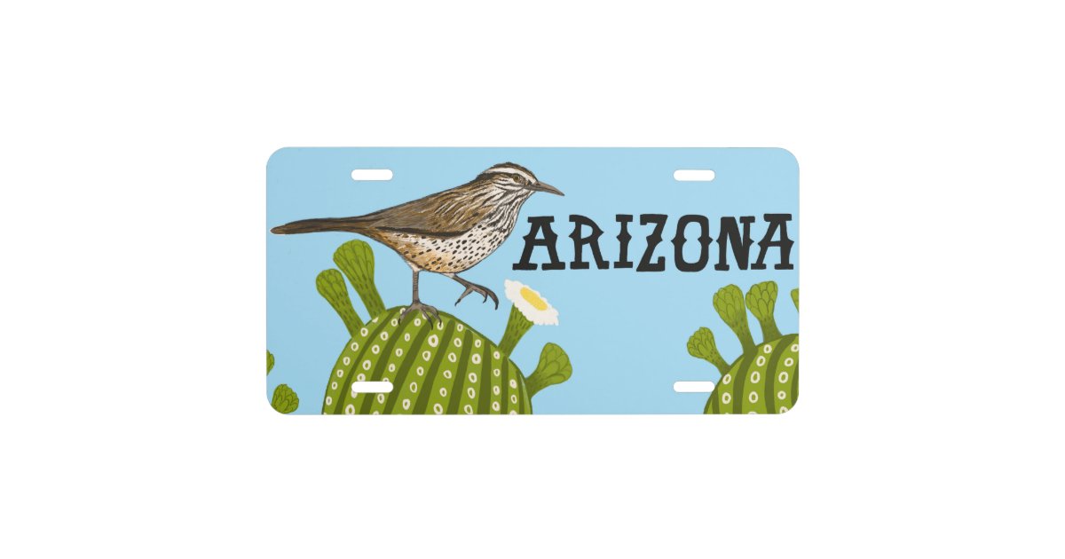 Arizona Cactus Wren Saguaro Desert Illustration License Plate | Zazzle