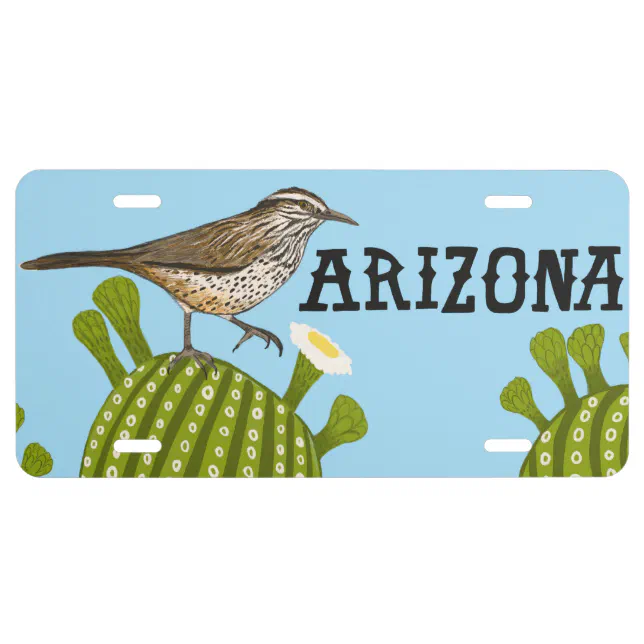 Arizona Cactus Wren Saguaro Desert Illustration License Plate | Zazzle