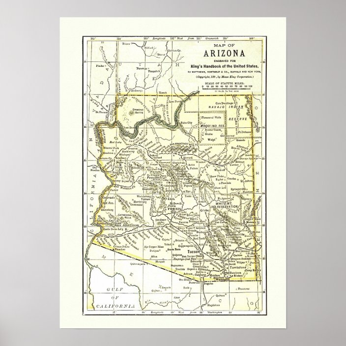 Arizona Map 1891 Towns, Rail and Reservations Poster | Zazzle.com