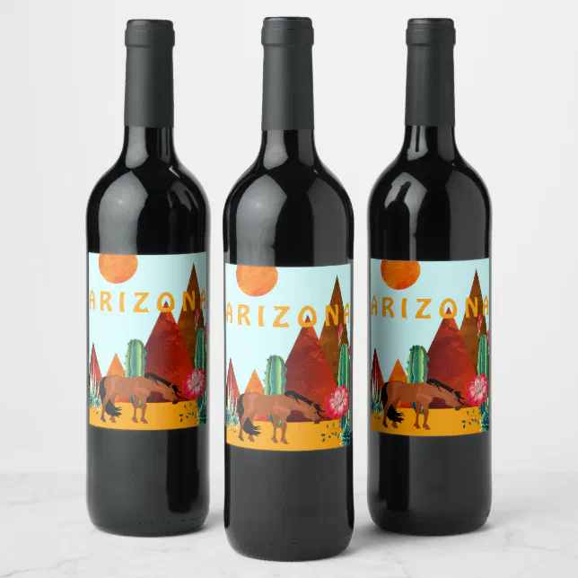 Arizona ~ Mountains, Cacti and Horse Desert Wine Label | Zazzle