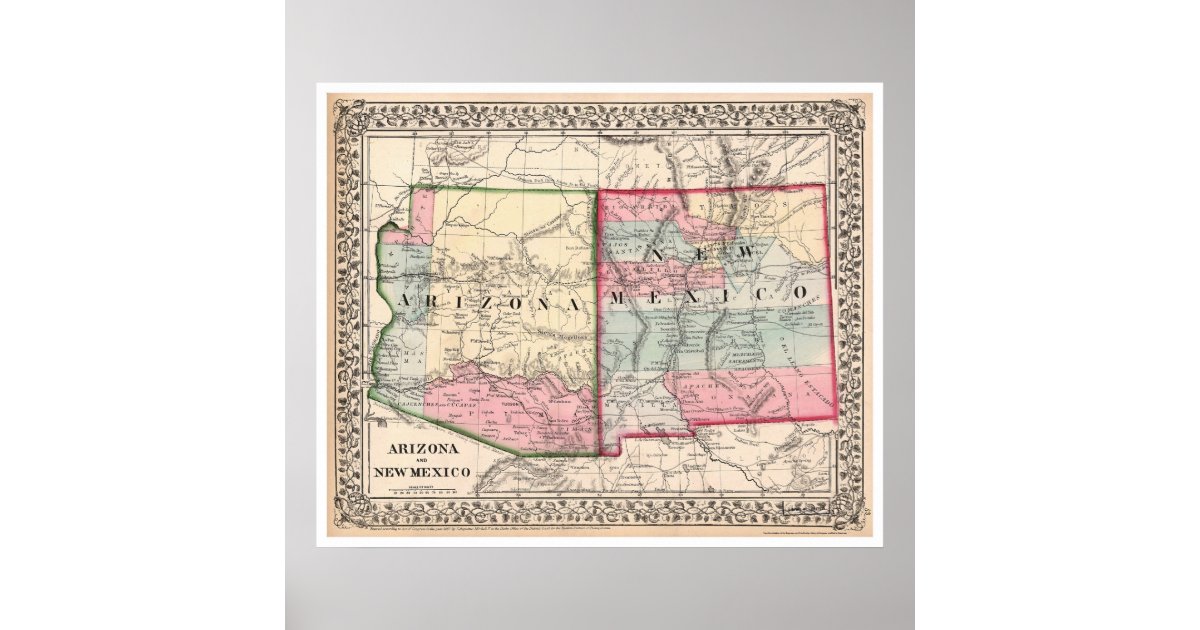 Arizona New Mexico Map 1867 Poster | Zazzle