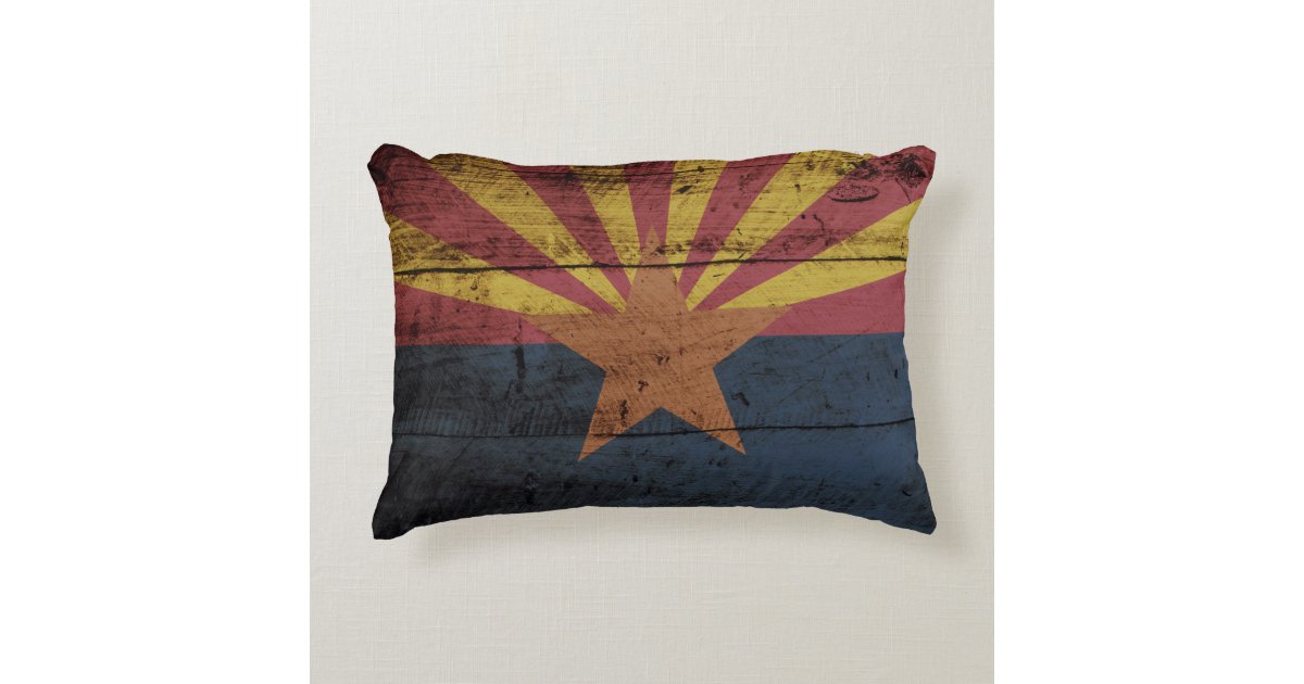 Arizona State Flag on Old Wood Grain Decorative Pillow | Zazzle