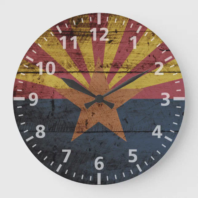 Arizona State Flag on Old Wood Grain Large Clock | Zazzle