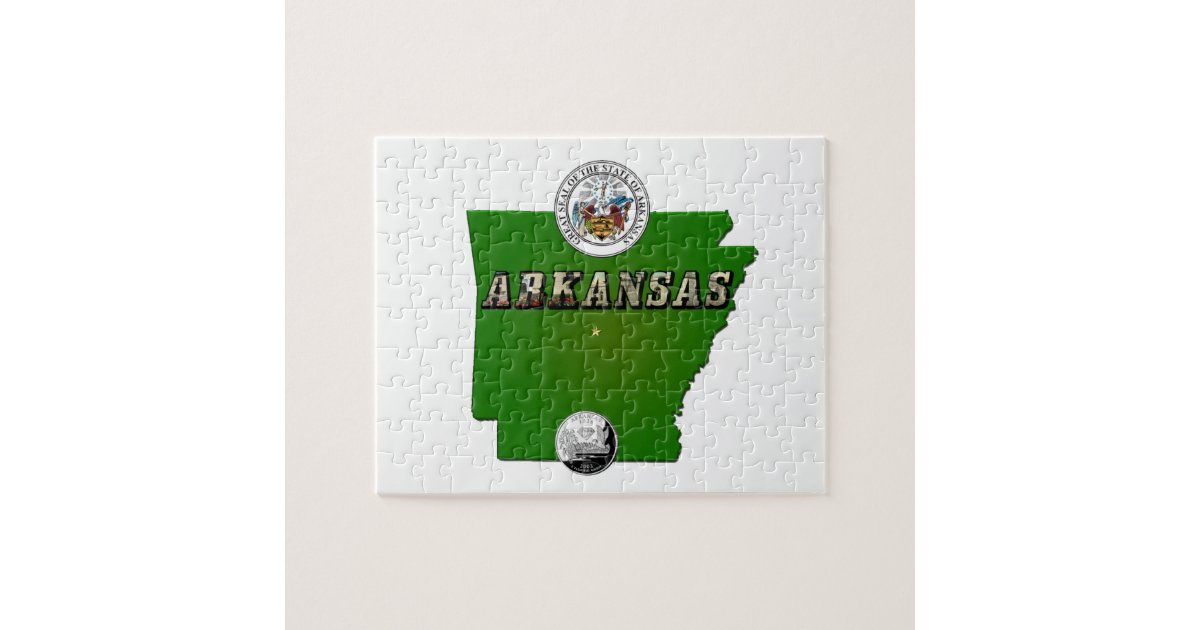 Arkansas Map, Seal and State Faux Quarter Jigsaw Puzzle | Zazzle