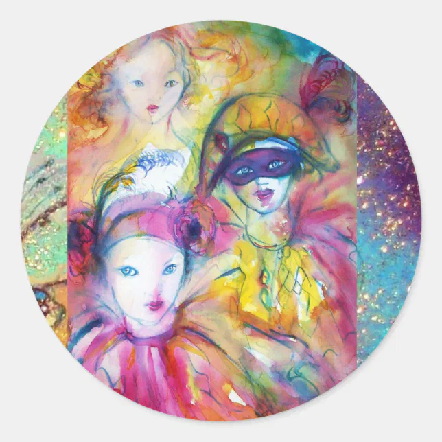 ARLECCHINO PIERO AND COLOMBINA MASQUERADE PARTY CLASSIC ROUND STICKER ...