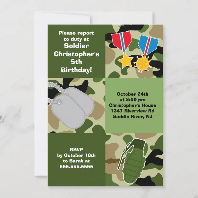 Army Camouflage Soldier Kids Birthday Party Invitation | Zazzle