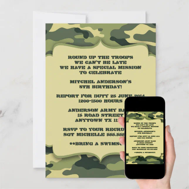 Army Military Camouflage Birthday Party Invite | Zazzle