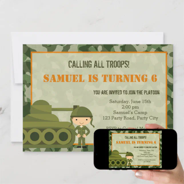 Army (Military) Invitation with Camouflage Soldier | Zazzle