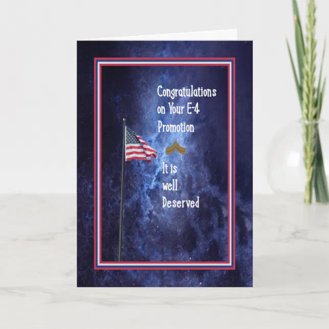 Army Promotion to an E-4 Blue with Flag Card | Zazzle