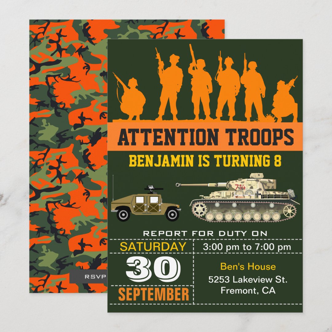 Army Soldiers Military Camo Birthday Invitation | Zazzle