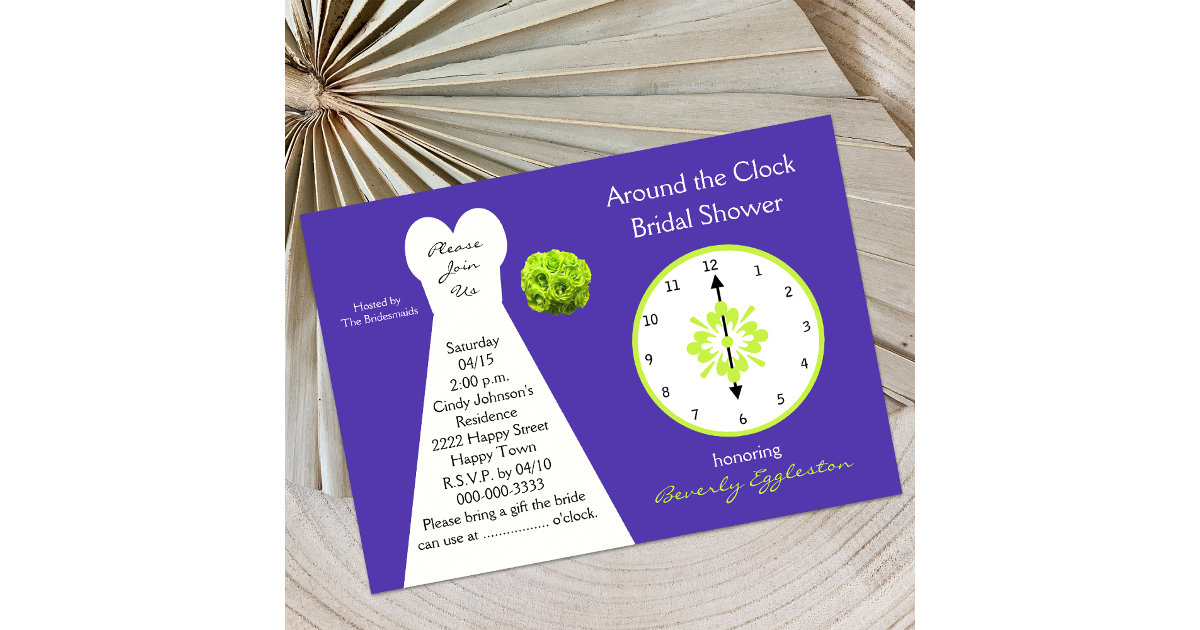 Around the Clock Bridal Shower Invitations Purple | Zazzle