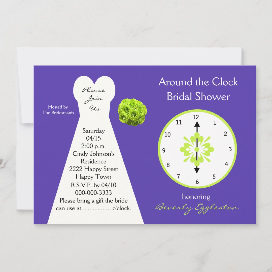 Around the Clock Bridal Shower Invitations Purple | Zazzle
