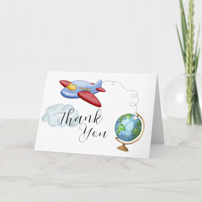 Around The World Map Airplane Boy Baby Shower Thank You Card | Zazzle