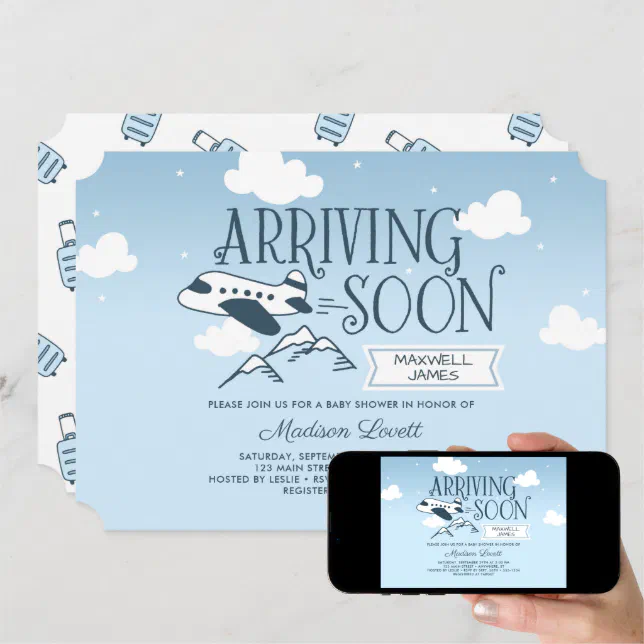 Arriving Soon: Airplane Baby Shower Invitation | Zazzle