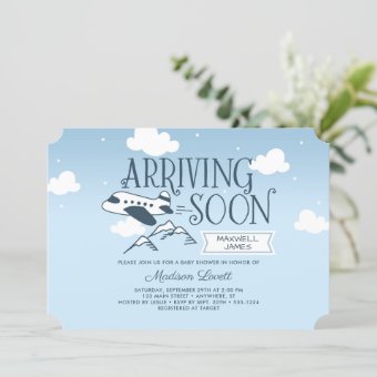 Arriving Soon: Airplane Baby Shower Invitation | Zazzle