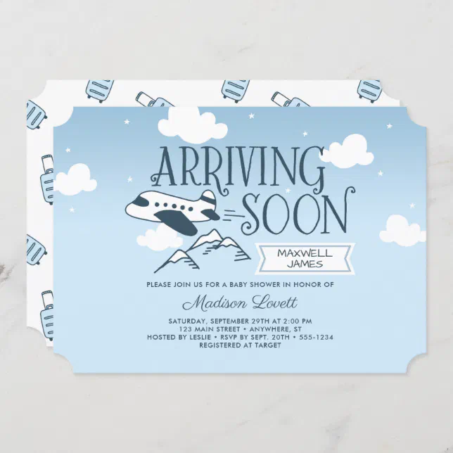 Arriving Soon: Airplane Baby Shower Invitation | Zazzle