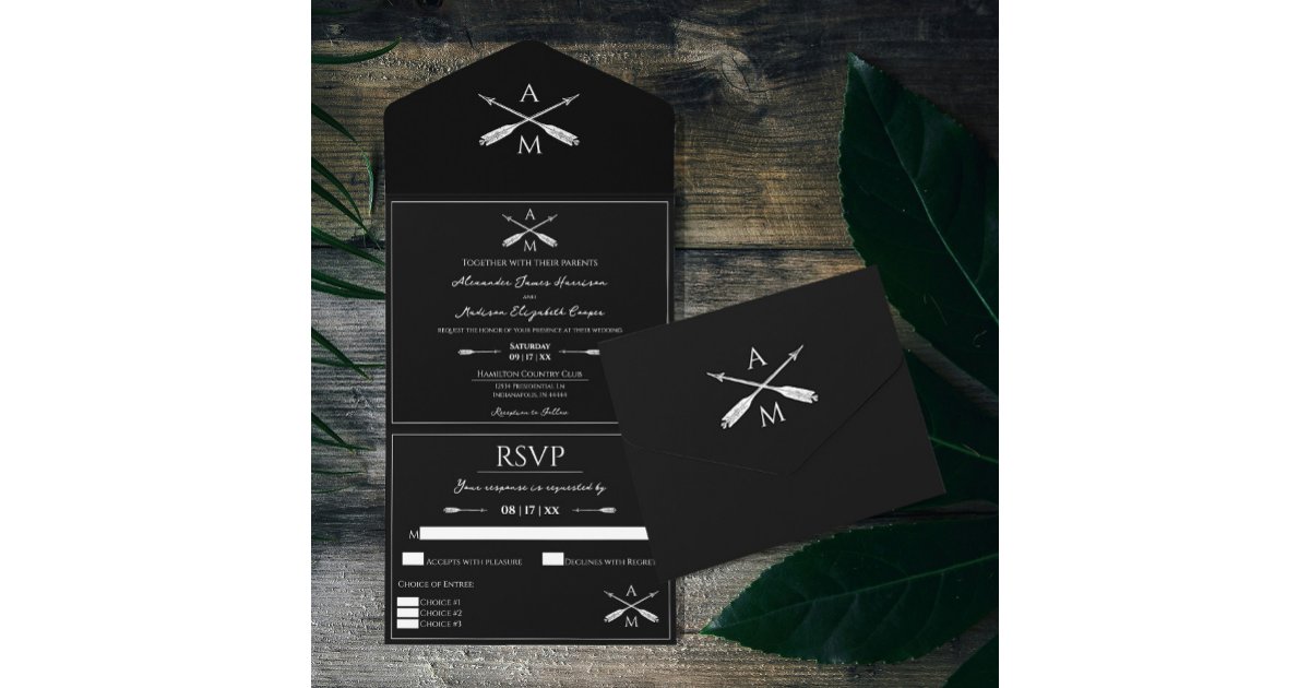 Arrows and Monograms Wedding | Black All In One Invitation | Zazzle
