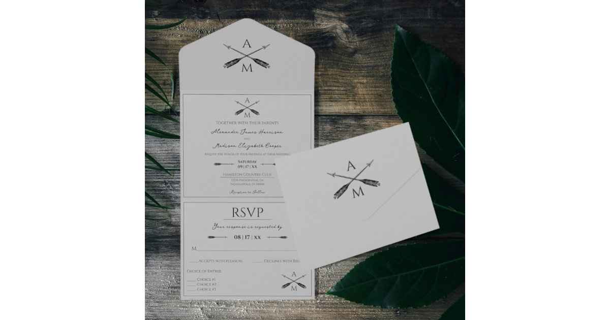 Arrows and Monograms Wedding | Gray All In One Invitation | Zazzle