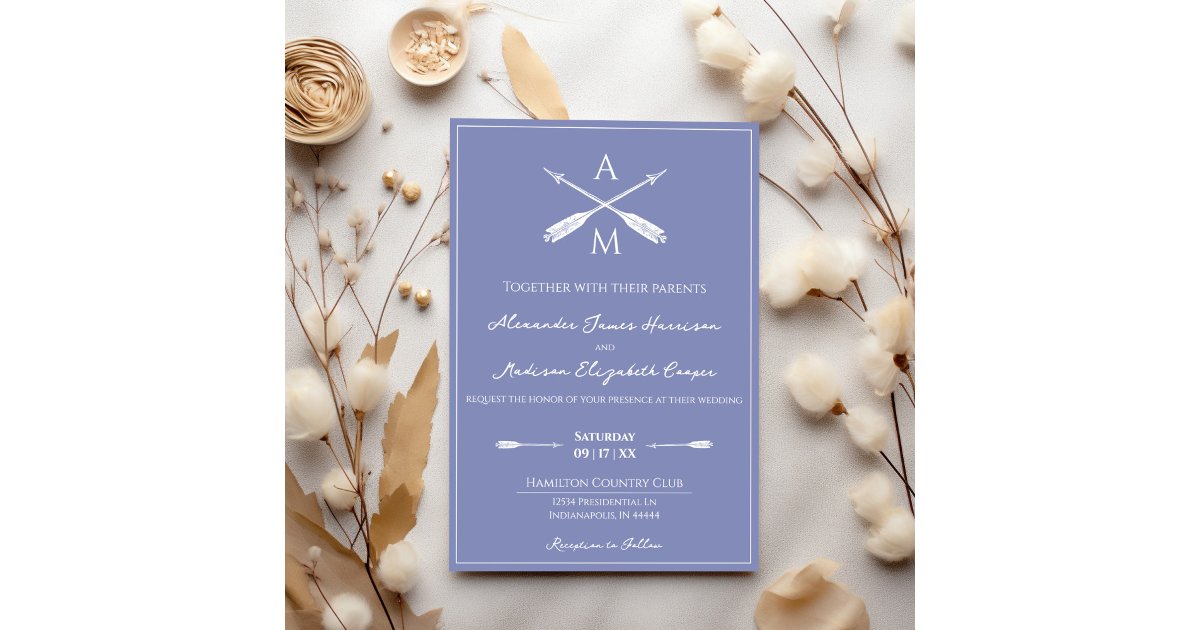 Arrows and Monograms Wedding | Periwinkle Invitation | Zazzle