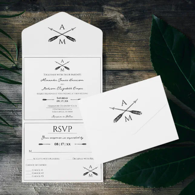 Arrows and Monograms Wedding | White All In One Invitation | Zazzle