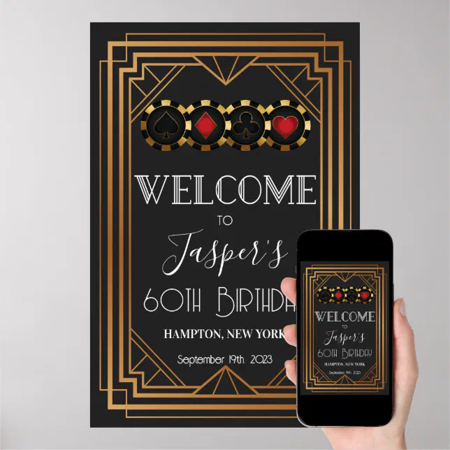 Art Deco 1920s Black and Gold Casino Welcome Sign | Zazzle