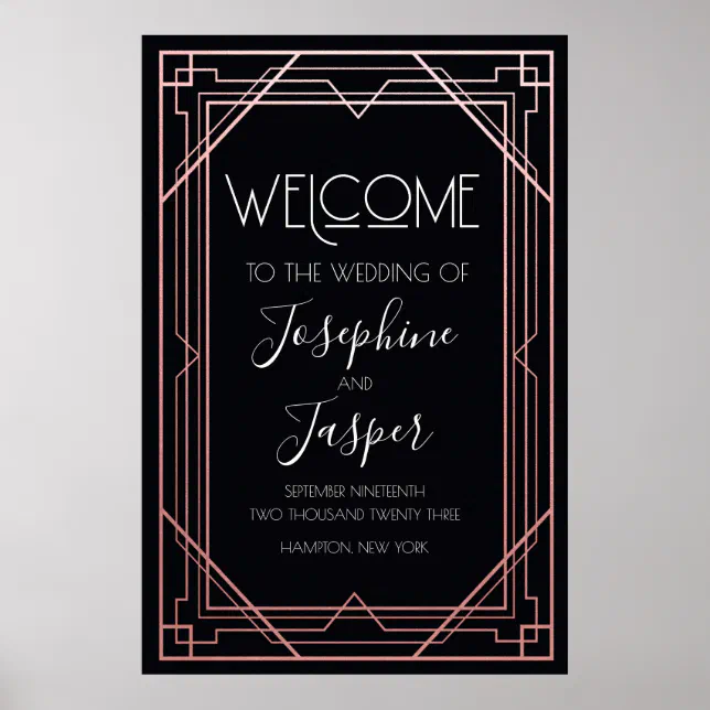 Art Deco 1920s Black and Rose Gold Welcome Sign | Zazzle