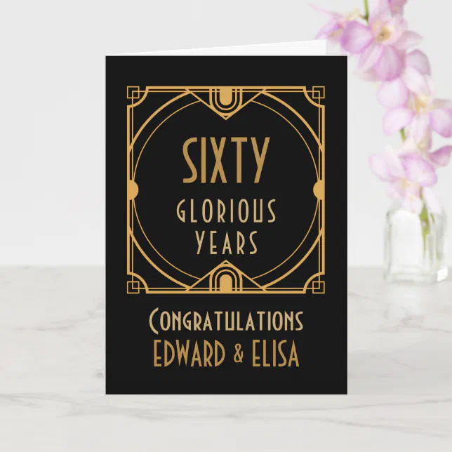 Art Deco 60th Anniversary Names Sixty Years Black Card | Zazzle