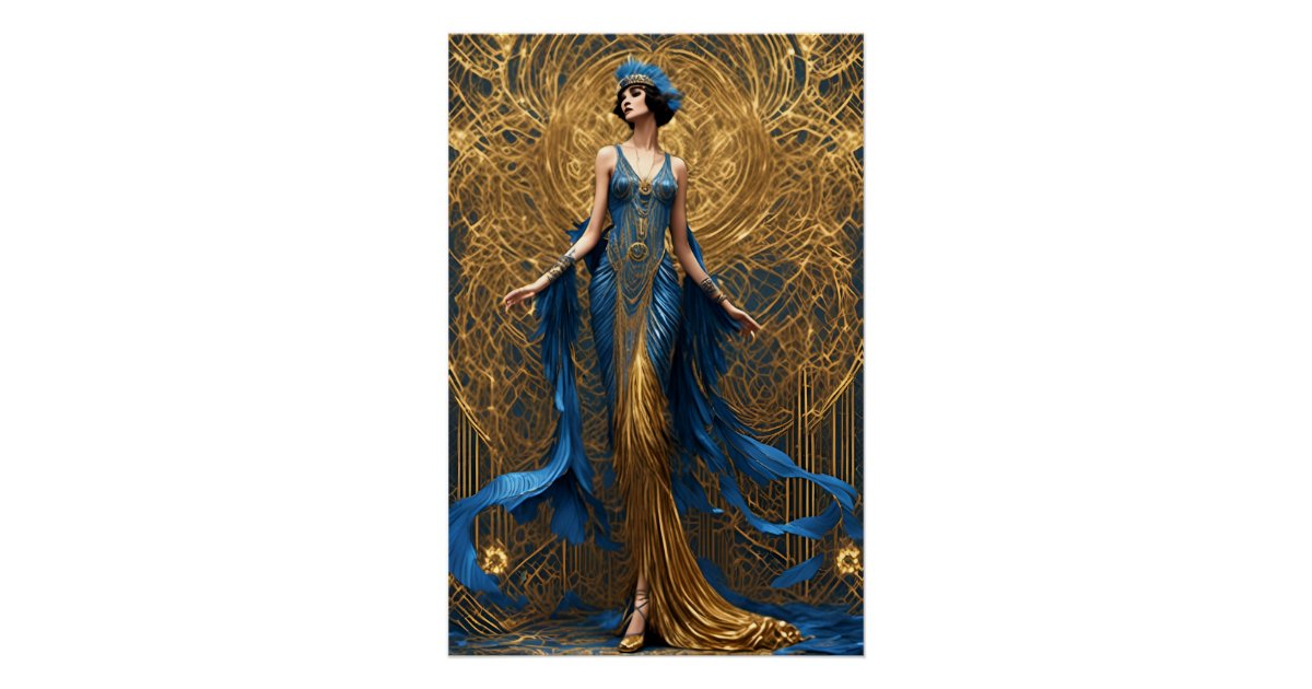 Art Deco Beautiful Woman Blue and Gold Poster | Zazzle