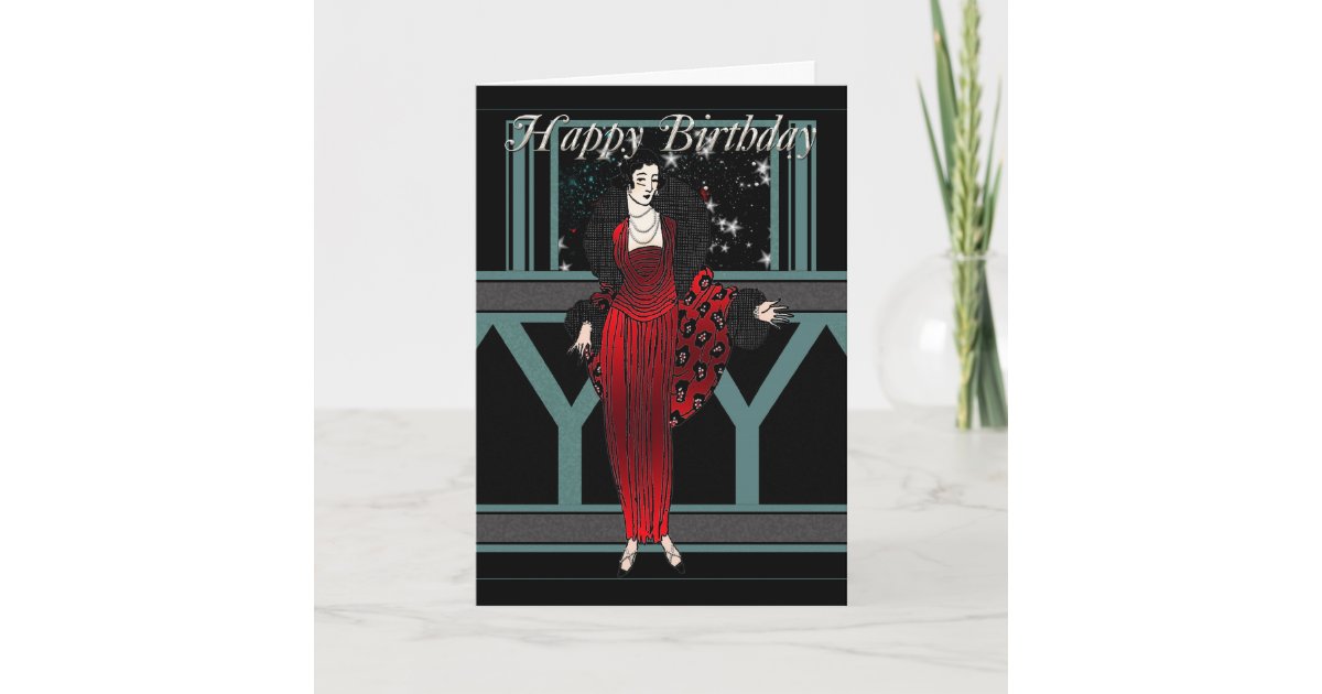 Art Deco Birthday Card With Female In Red And Blac Zazzle