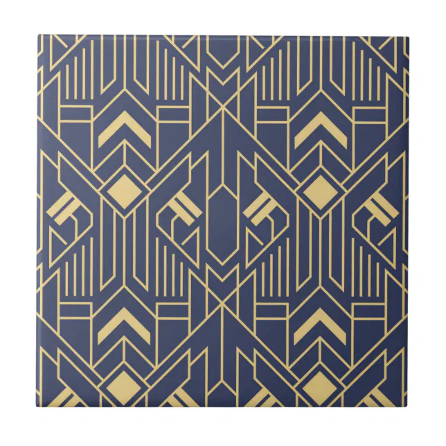 Art Deco Blue Gold Geometric Ceramic Tile | Zazzle
