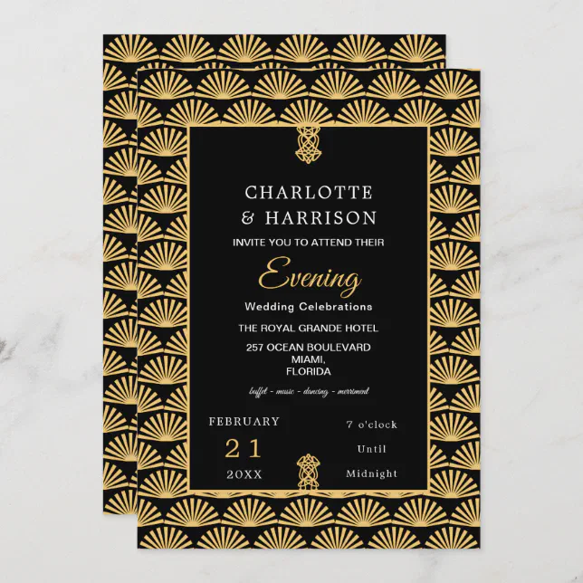 Art Deco Classy Black Gold Evening Wedding Invitation | Zazzle