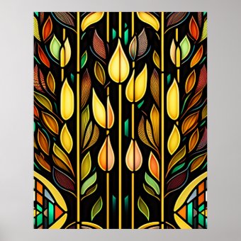 Art Deco Colorful Leaves Reeds Stained Glass Poster | Zazzle