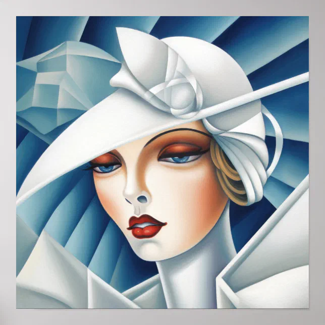 Art Deco Cubism Blue Eyes Woman Portrait Poster | Zazzle