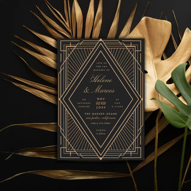 Art Deco Diamond Black and Gold Wedding Invitation | Zazzle