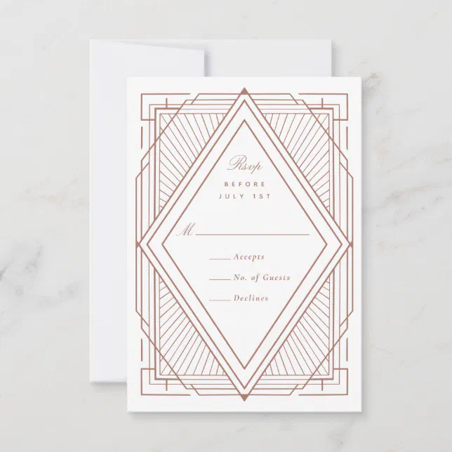Art Deco Diamond White and Rose Gold Wedding RSVP Card | Zazzle