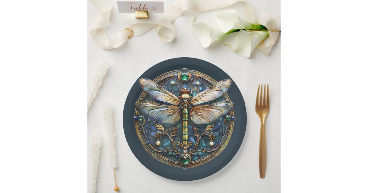 Art Deco Dragonfly Pearls Emeralds Gold Paper Plates | Zazzle