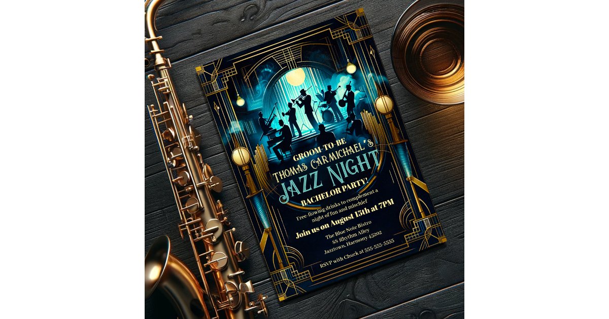 Art Deco Elegance Jazz Night Bachelor Party Invitation | Zazzle